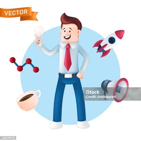로켓 컵 메가 폰 그 주위에 아이콘행복 사업가 넥타이와 파란색 셔츠를 입고 웃는 사무실 관리자의 벡터 그림 표시 또는 흰색에 고립 된 전구를 들고 3차원 형태에 대한 스톡