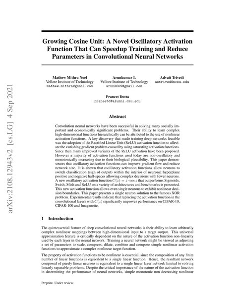 Pdf Growing Cosine Unit A Novel Oscillatory Activation Function That