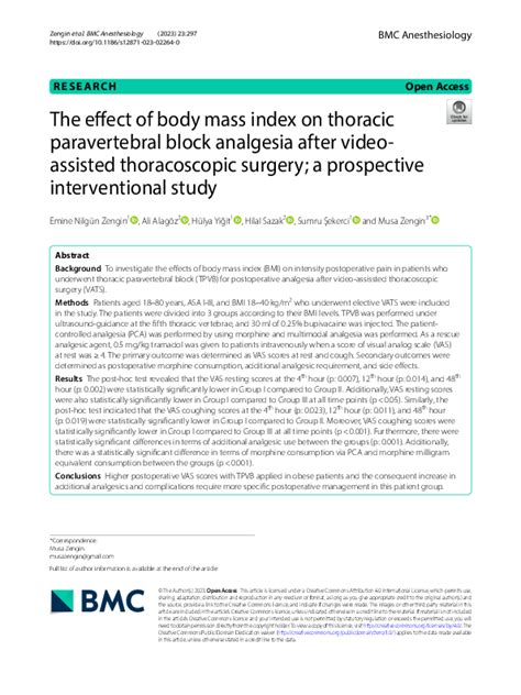 Pdf The Effect Of Body Mass Index On Thoracic Paravertebral Block Analgesia After Video