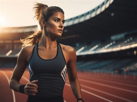 Professional Female Runner Training At A Stadium In The Evening