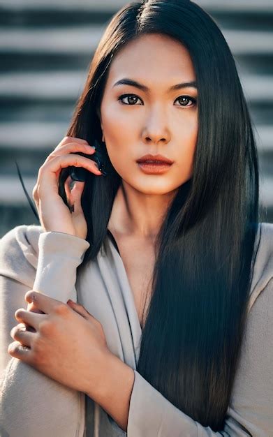 Premium Photo Asian Model Long Black Hair