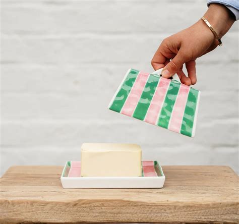 Ceramic Large Butter Dish Pink And Green Stripe Noss And Co Green