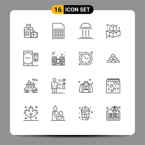 pictogram set of 16 simple outlines of code game sim card cubes column