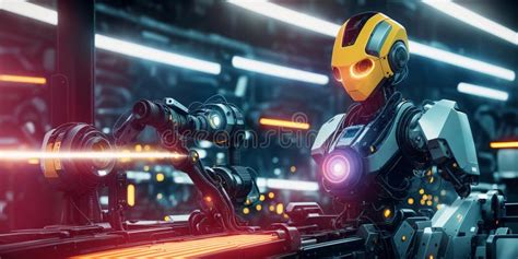 Industrial Robots Antropomorphic Ones And Robotic Arms In Manufacturing Space Doing Assembly Of