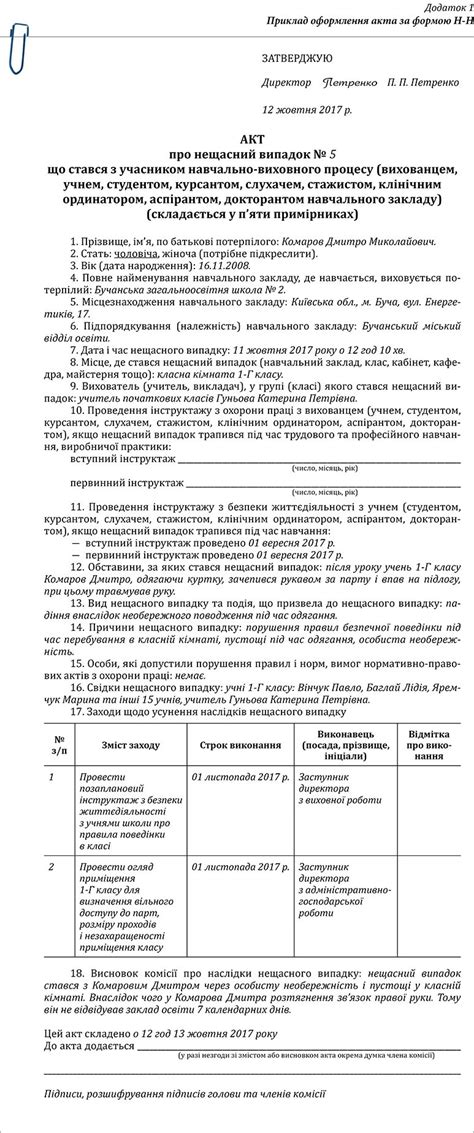 Акт про нещасний випадок у школі — форма Н Н Зразок