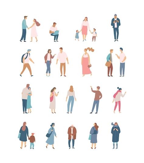 군중 다른 사람 벡터 집합입니다 화이트 절연 남성과 여성의 평면 문자 프리미엄 벡터