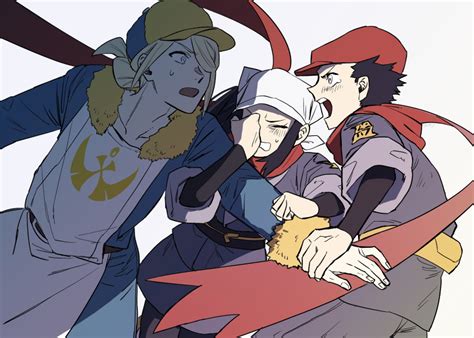 Safebooru 1girl 2boys Akari Pokemon Arm Grab Blonde Hair Blue Hair
