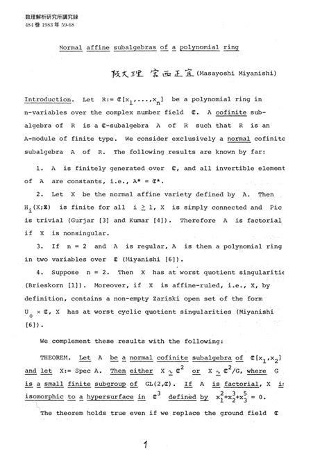 Pdf Normal Affine Subalgebras Of A Polynomial Ringsome Recent