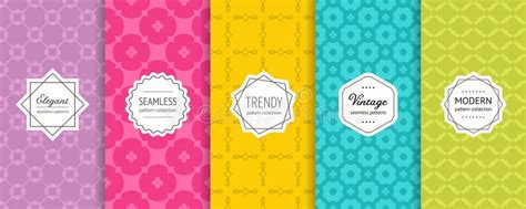 Vector Geometric Seamless Patterns Set Of Colorful Backgrounds With Labels Stock Vector