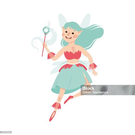 귀여운 소녀 요정 비행 와 날개 들고 마법 지팡이 벡터 일러스트 레이션 동화 개념에서 환상적인 생물로 주위에 호버 링 예쁜