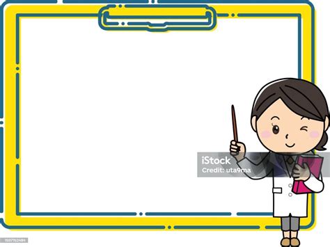흰 코트를 입은 여자가 큰 클립보드 프레임 앞에서 포인팅 스틱으로 설명하는 것 일러스트 자료 간호사에 대한 스톡 벡터 아트 및 기타 이미지 Istock