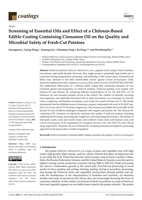 Pdf Screening Of Essential Oils And Effect Of A Chitosan Based Edible Coating Containing