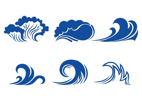 Hand Drawn Blue Ocean Waves Sketch Sea Tidal Blue Waves Tide Splash Flat Icons Vector