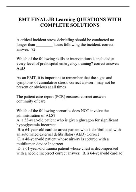 EMT FINAL JB Learning QUESTIONS WITH COMPLETE SOLUTIONS EMT JB Learning Stuvia US