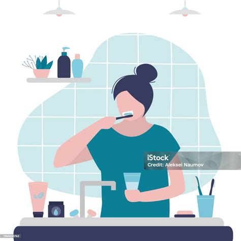 욕실에서 치아를 닦는 소녀 칫솔과 치약을 들고 있는 여성 캐릭터 구강 위생을 모니터링하는 여성 솔질에 대한 스톡 벡터 아트 및 기타 이미지 Istock
