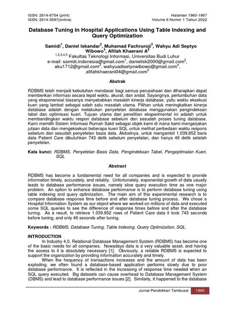 Database Tuning In Hospital Applications Using Table Indexing And Query Optimization Pdf
