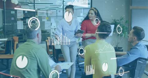 Image Of Statistical Data Processing Against Diverse Team Of Colleagues Discussing At Office