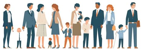 만화 캐릭터와 함께 인간의 성장 연령 노인 어른 어린아이 아기 여성 및 남성 무대 캐릭터의 성격 진화 및 노인의 생명 주기 프리미엄 벡터