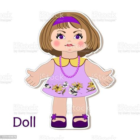 벡터 스티커 만화 작은 귀여운 인형 소녀 아이 여름 드레스에 나비 와 유치원 및 초등학교 어린이 인사말 카드 인쇄 장식 카드 텍스트 인형 스크랩북 공주에 대한 스톡 벡터