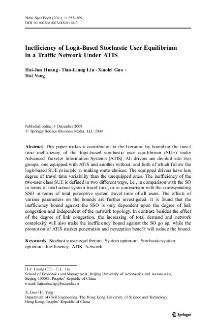 Pdf Inefficiency Of Logit Based Stochastic User Equilibrium In A