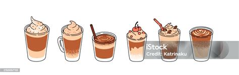 흰색 배경에 고립된 커피 컵의 미니멀리즘 일러스트 세트입니다 뜨겁고 차가운 커피 음료 에스프레소 아메리카노 컵 카푸치노 라떼 평면 벡터 그림 라떼에 대한 스톡 벡터 아트 및