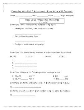 Place Value With Decimals Unit Assessment Quiz By Carolina Orton Gillingham