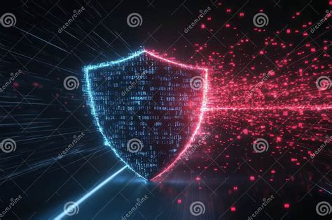 digital shield icon with binary data flow in blue and red colors