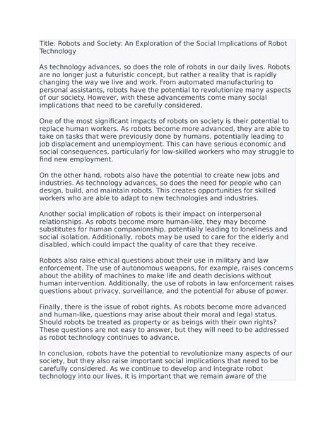 Robots And Society An Exploration Of The Social Implications Of Robot