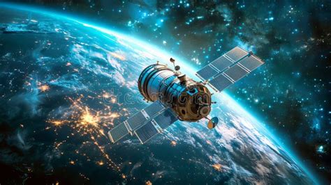 Space Satellite Orbiting Earth With Glowing City Lights Concept Of Space Exploration Satellite