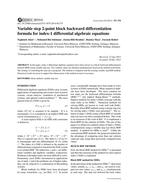 Pdf Variable Step 2 Point Block Backward Differentiation Formula For Index 1 Differential