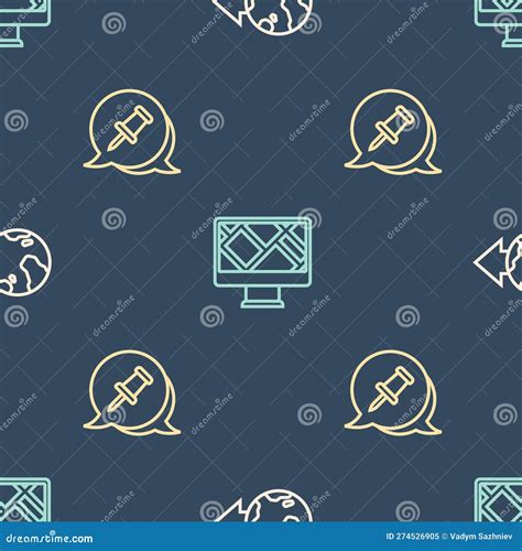 Set Line Location On The Globe Push Pin And Monitor With Map Location On Seamless Pattern