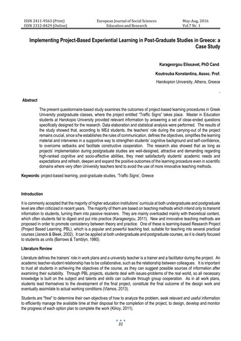 Pdf Implementing Project Based Experiential Learning In Post Graduate