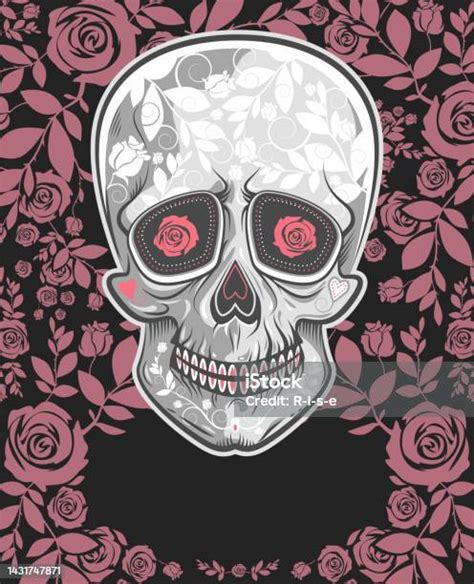 장미 무늬의 꽃이있는 검은 배경에 두개골 실루엣 죽은 날과 할로윈 디자인 인쇄 배너 복사 공간이있는 포스터를위한 벡터 일러스트