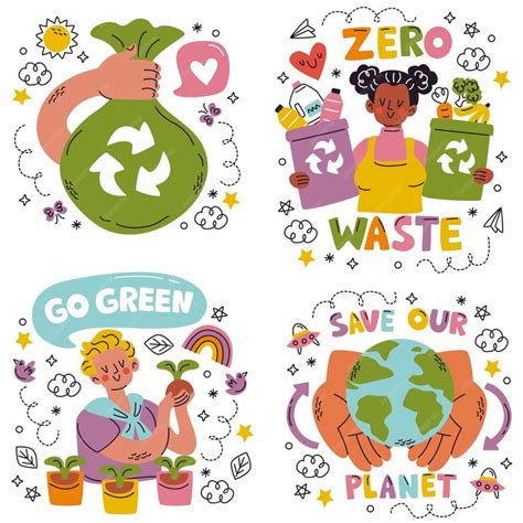 낙서 손으로 그린 에코 스티커 세트 무료 벡터