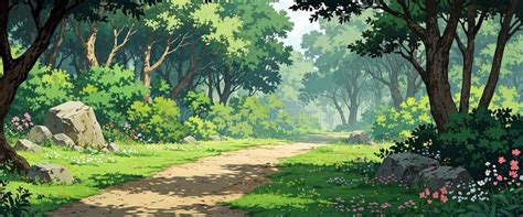 Cute Anime Forest With Trees Flowers And A Forest Path Anime Style Stock Image Image Of