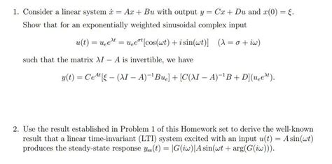 Solved Consider A Linear System I Ax Bu With Output Y Chegg