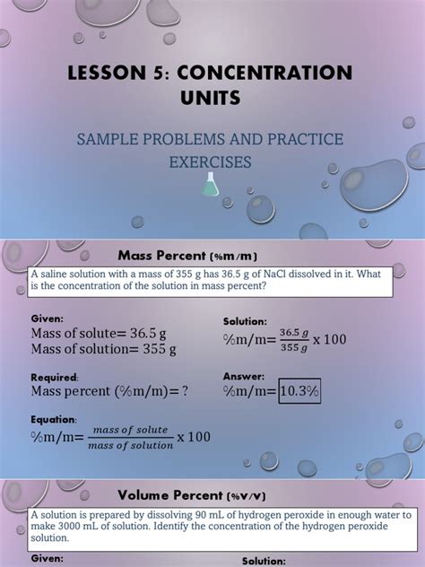 Lesson 5 Concentration Of Solutions Sample Problems And Practice Exercises Pdf Parts Per