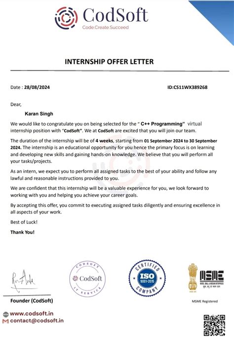 karan singh on linkedin offer letter of c programming codsoft