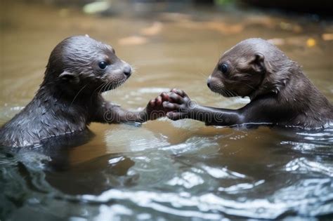 Baby Otters In The Park Playing And Holding Hands While Floating On