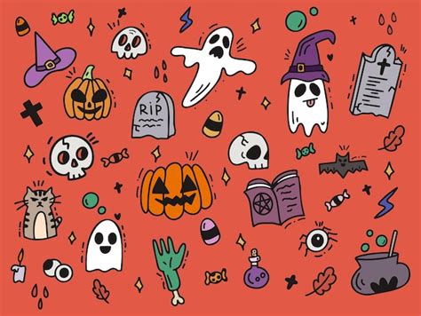 으스스한 할로윈 컬러 낙서 세트 프리미엄 벡터