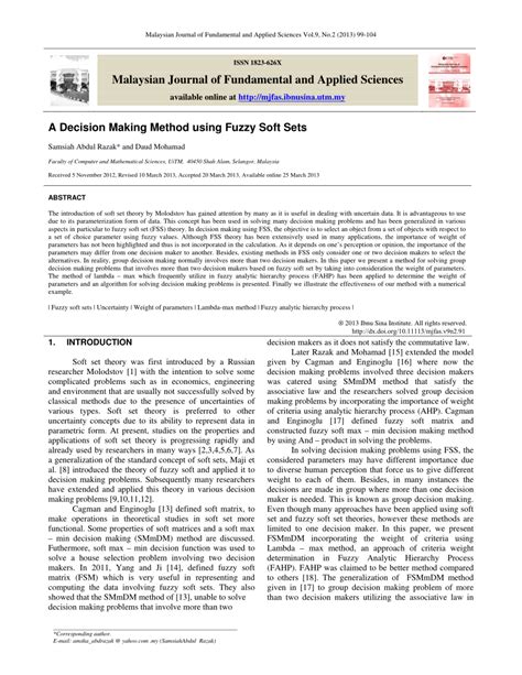 Pdf A Decision Making Method Using Fuzzy Soft Sets