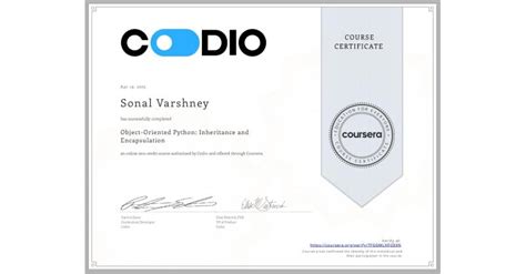 Completion Certificate For Object Oriented Python Inheritance And Sonal Varshney
