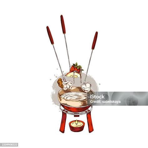 딸기와 과일의 조각은 녹은 화이트 초콜릿 손으로 그린 벡터 퐁듀 그릇 스케치와 촛불을 꿰뚫어 꼬치에 가리기에 대한 스톡 벡터 아트 및 기타 이미지 Istock