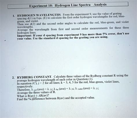 Experiment Io Hydrogen Line Spectra Analysis Hydrogen Wavelengths From The Experiment 9 Use The