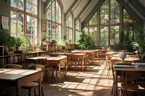 Premium Ai Image Empty Class Room With Windows And Desks In The Style Of Sun Rays Shine Upon