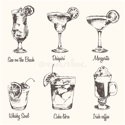 Set Cocktail Margarita Whiskey Drawn Sketch Vector Stock Vector