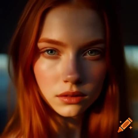 Close Up Portrait Of Swedish Red Headed Woman With Dark Eyes In Soft Light On Craiyon
