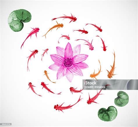 작은 물고기와 핑크 로터스 꽃 손 잉크로 흰색 바탕에 그려진 전통적인 동양 잉크 그림 Sumie U죄 이동 화 0명에 대한 스톡