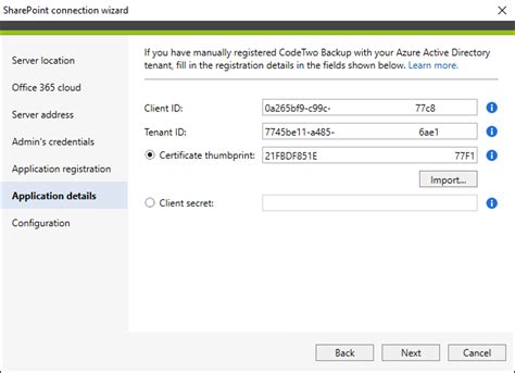 creating data backup server connections connecting to sharepoint