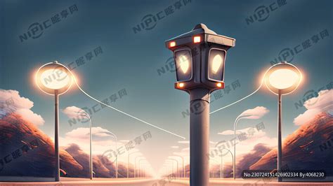 Ai创作图智慧综合功能路灯 布置在双向六车道的道路上 昵图网